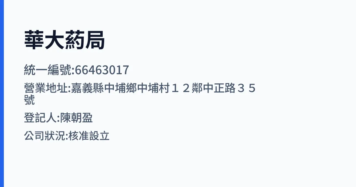 華大葯局 - 統編 66463017(嘉義縣) 公司登記資料與營業項目詳細圖表