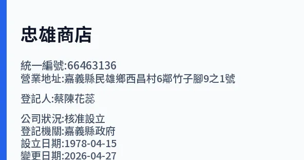 忠雄商店的照片-統編 66463136(嘉義縣) 公司登記資料與營業項目詳細圖表