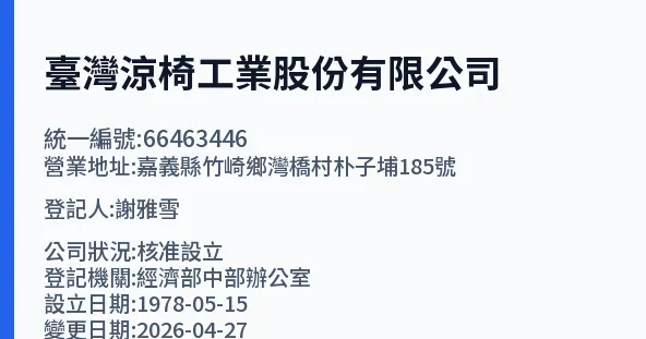 臺灣涼椅工業股份有限公司的照片-統編 66463446(嘉義縣) 公司登記資料與營業項目詳細圖表