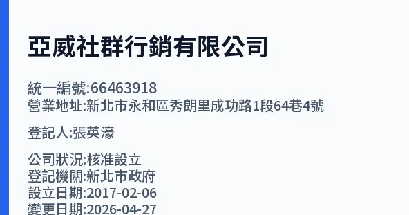 亞威社群行銷有限公司的照片-統編 66463918(新北市) 公司登記資料與營業項目詳細圖表
