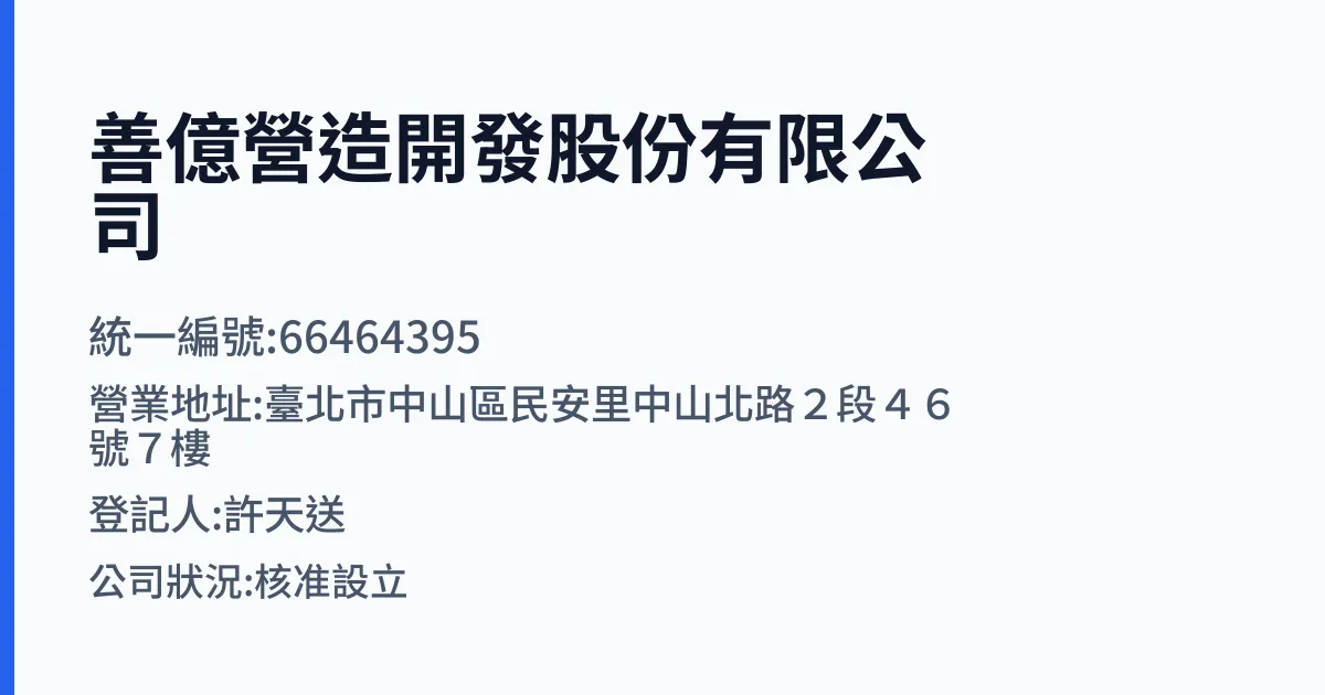 善億營造開發股份有限公司 - 統編 66464395(臺北市) 公司登記資料與營業項目詳細圖表