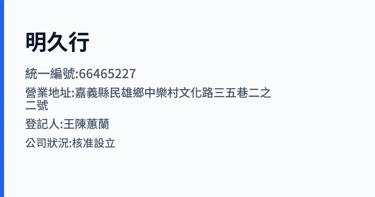 明久行 - 統編 66465227(嘉義縣) 公司登記資料與營業項目詳細圖表