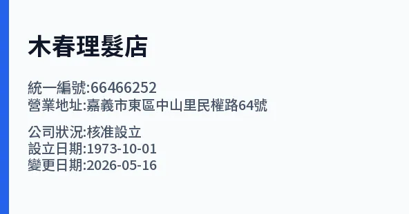 木春理髮店的照片-統編 66466252(嘉義市) 公司登記資料與營業項目詳細圖表