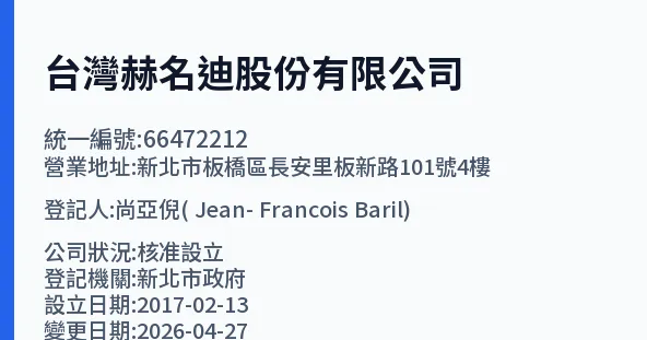 台灣赫名迪股份有限公司的照片-統編 66472212(新北市) 公司登記資料與營業項目詳細圖表