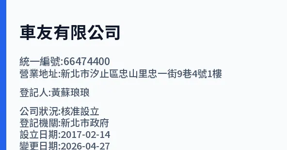 車友有限公司的照片-統編 66474400(新北市) 公司登記資料與營業項目詳細圖表