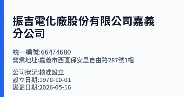 振吉電化廠股份有限公司嘉義分公司的照片-統編 66474680(嘉義市) 公司登記資料與營業項目詳細圖表