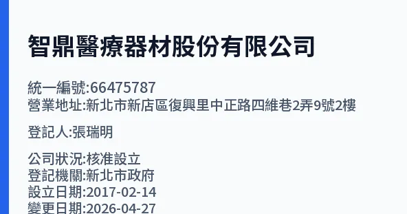 智鼎醫療器材股份有限公司的照片-統編 66475787(新北市) 公司登記資料與營業項目詳細圖表