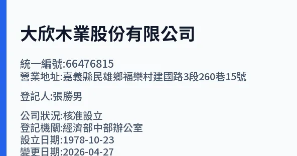 大欣木業股份有限公司的照片-統編 66476815(嘉義縣) 公司登記資料與營業項目詳細圖表