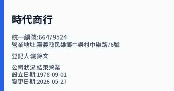 時代商行的照片-統編 66479524(嘉義縣) 公司登記資料與營業項目詳細圖表