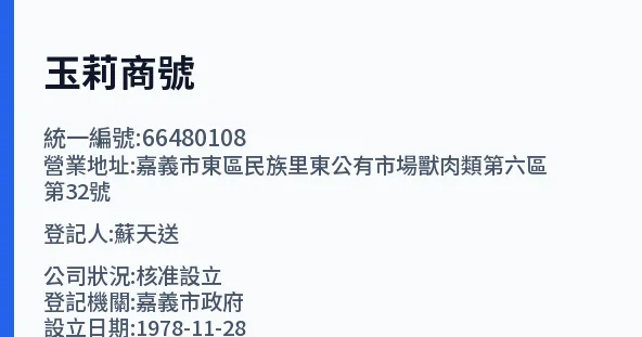 玉莉商號的照片-統編 66480108(嘉義市) 公司登記資料與營業項目詳細圖表
