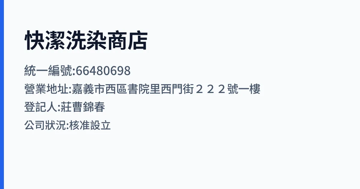 快潔洗染商店 - 統編 66480698(嘉義市) 公司登記資料與營業項目詳細圖表