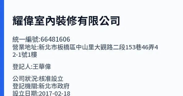 耀偉室內裝修有限公司的照片-統編 66481606(新北市) 公司登記資料與營業項目詳細圖表