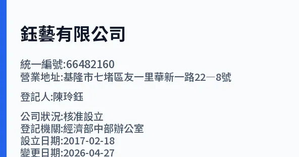 鈺藝有限公司的照片-統編 66482160(基隆市) 公司登記資料與營業項目詳細圖表