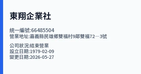 東翔企業社的照片-統編 66485504(嘉義縣) 公司登記資料與營業項目詳細圖表