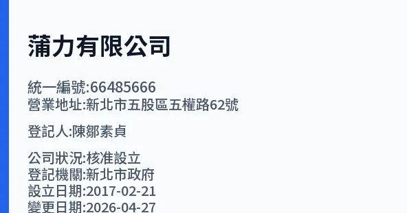 蒲力有限公司的照片-統編 66485666(新北市) 公司登記資料與營業項目詳細圖表