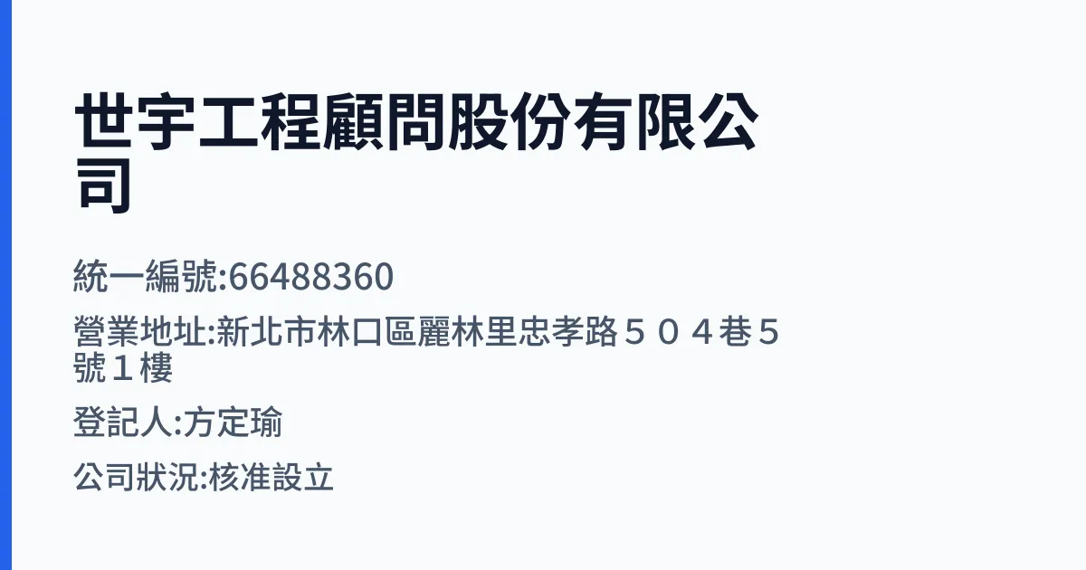 世宇工程顧問股份有限公司 - 統編 66488360(新北市) 公司登記資料與營業項目詳細圖表