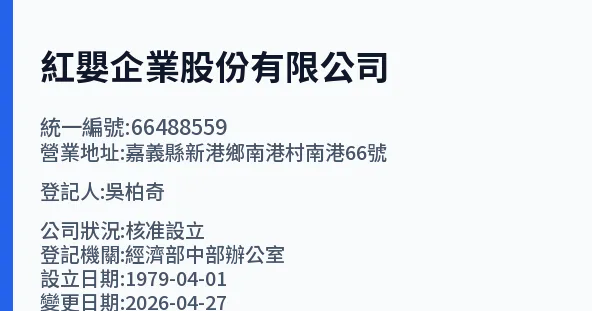 紅嬰企業股份有限公司的照片-統編 66488559(嘉義縣) 公司登記資料與營業項目詳細圖表