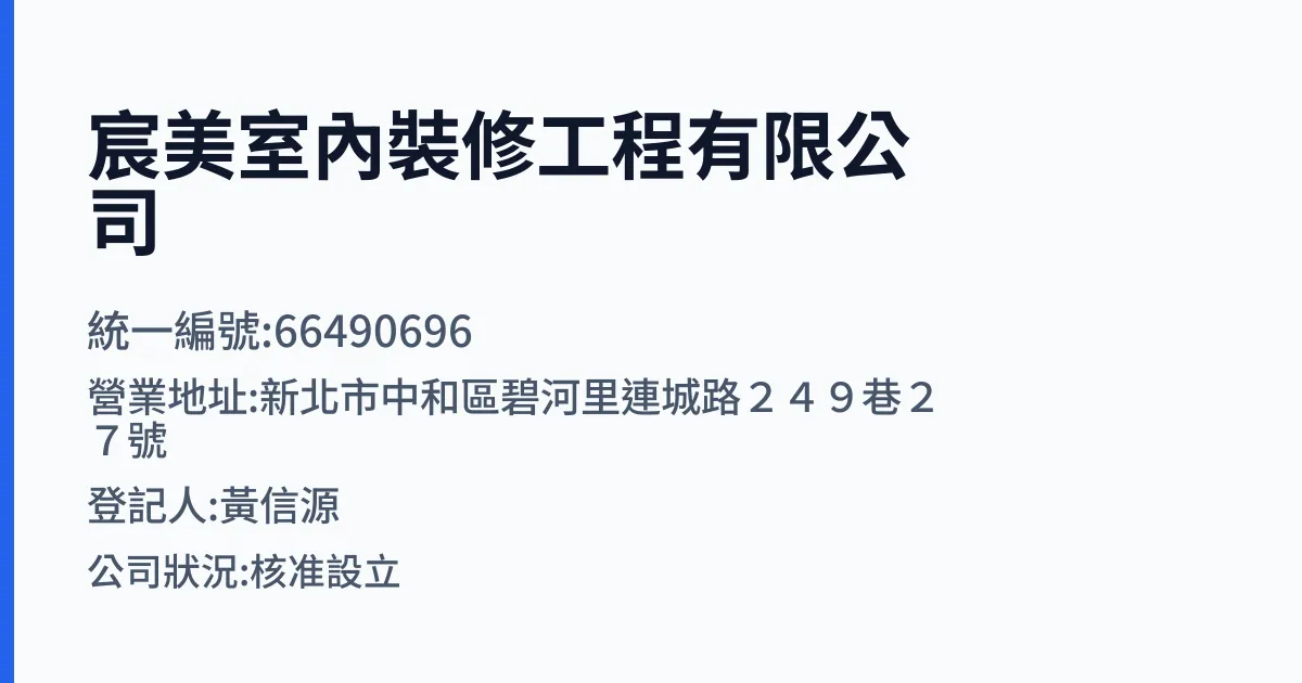 宸美室內裝修工程有限公司 - 統編 66490696(新北市) 公司登記資料與營業項目詳細圖表