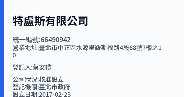 特盧斯有限公司的照片-統編 66490942(臺北市) 公司登記資料與營業項目詳細圖表