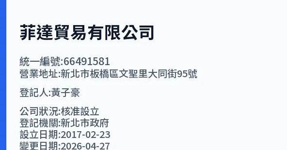 菲達貿易有限公司的照片-統編 66491581(新北市) 公司登記資料與營業項目詳細圖表