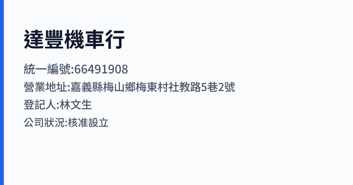 達豐機車行 - 統編 66491908(嘉義縣) 公司登記資料與營業項目詳細圖表