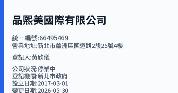 品熙美國際有限公司的照片-統編 66495469(新北市) 公司登記資料與營業項目詳細圖表