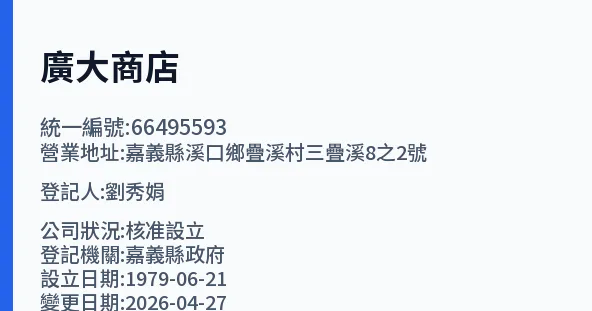 廣大商店的照片-統編 66495593(嘉義縣) 公司登記資料與營業項目詳細圖表