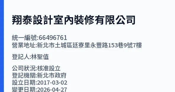 翔泰設計室內裝修有限公司的照片-統編 66496761(新北市) 公司登記資料與營業項目詳細圖表