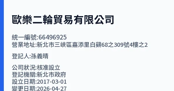 歐樂二輪貿易有限公司的照片-統編 66496925(新北市) 公司登記資料與營業項目詳細圖表