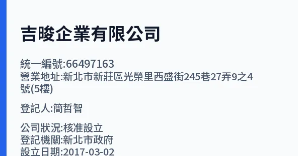 吉晙企業有限公司的照片-統編 66497163(新北市) 公司登記資料與營業項目詳細圖表