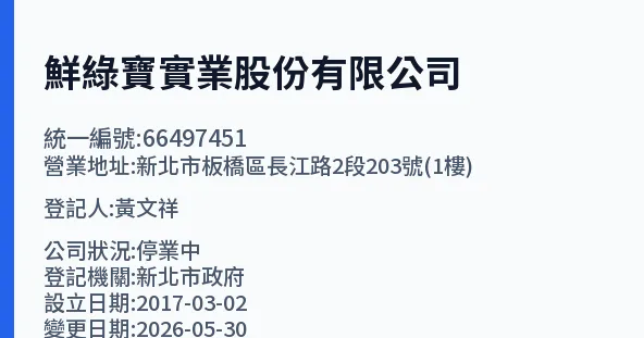 鮮綠寶實業股份有限公司的照片-統編 66497451(新北市) 公司登記資料與營業項目詳細圖表