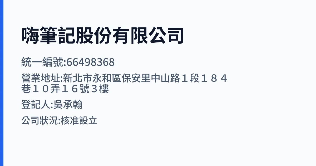 嗨筆記股份有限公司 - 統編 66498368(新北市) 公司登記資料與營業項目詳細圖表