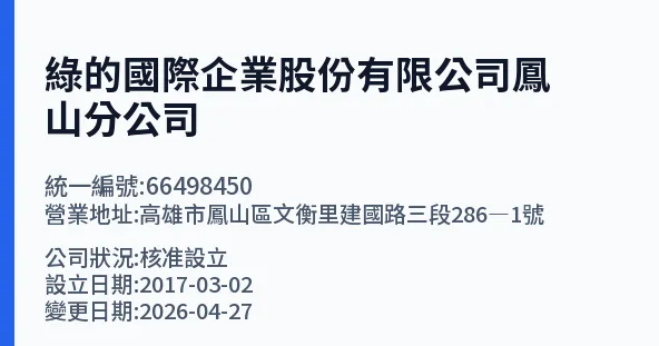 綠的國際企業股份有限公司鳳山分公司的照片-統編 66498450(高雄市) 公司登記資料與營業項目詳細圖表