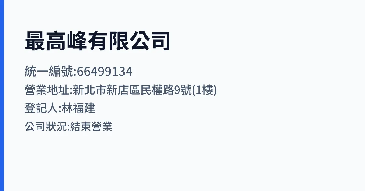 最高峰有限公司 - 統編 66499134(新北市) 公司登記資料與營業項目詳細圖表