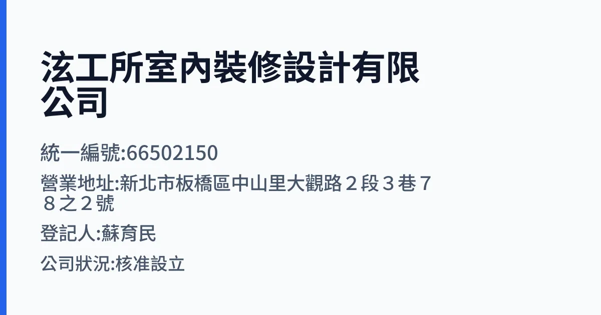 泫工所室內裝修設計有限公司 - 統編 66502150(新北市) 公司登記資料與營業項目詳細圖表