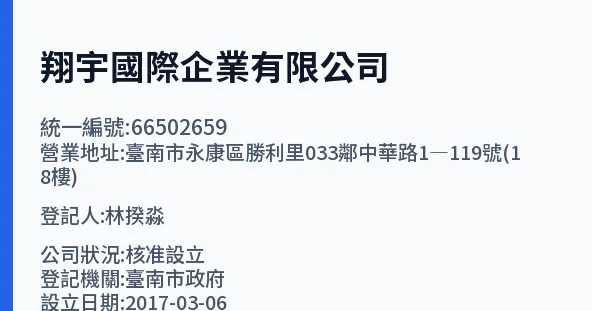 翔宇國際企業有限公司的照片-統編 66502659(臺南市) 公司登記資料與營業項目詳細圖表
