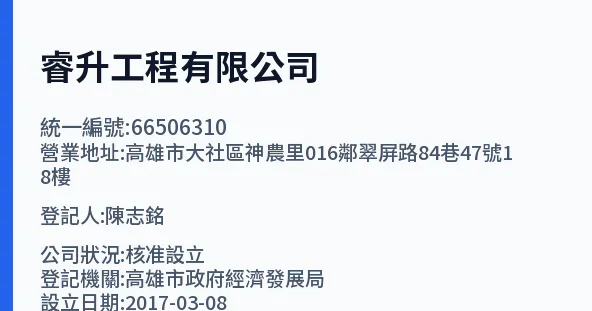 睿升工程有限公司的照片-統編 66506310(高雄市) 公司登記資料與營業項目詳細圖表