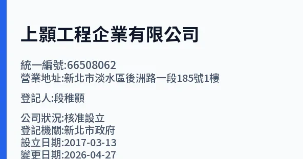 上顥工程企業有限公司的照片-統編 66508062(新北市) 公司登記資料與營業項目詳細圖表