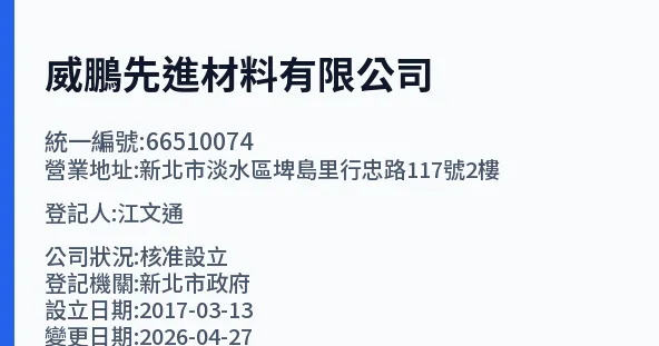 威鵬先進材料有限公司的照片-統編 66510074(新北市) 公司登記資料與營業項目詳細圖表