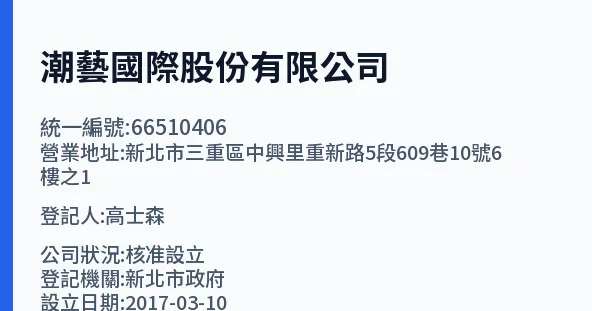 潮藝國際股份有限公司的照片-統編 66510406(新北市) 公司登記資料與營業項目詳細圖表