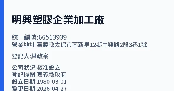 明興塑膠企業加工廠的照片-統編 66513939(嘉義縣) 公司登記資料與營業項目詳細圖表