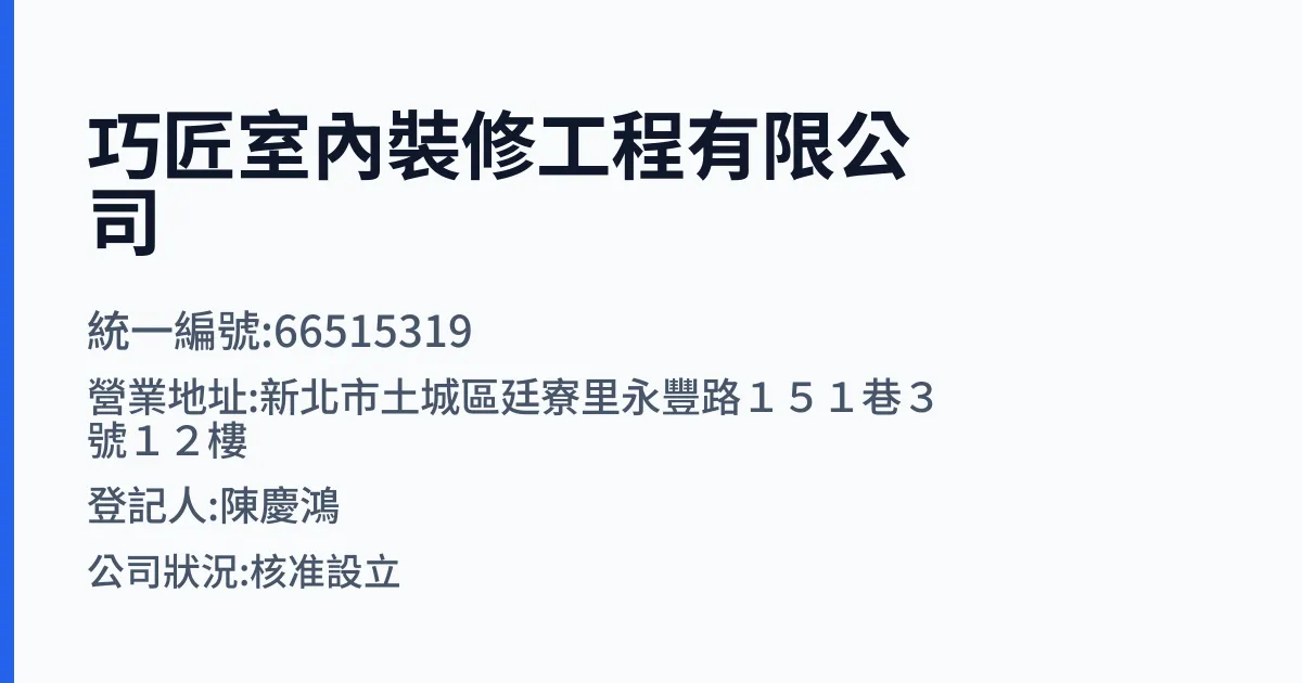 巧匠室內裝修工程有限公司 - 統編 66515319(新北市) 公司登記資料與營業項目詳細圖表