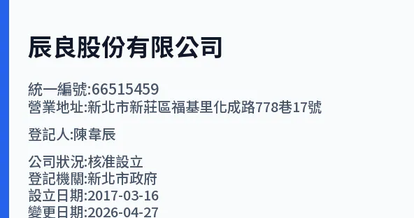 辰良股份有限公司的照片-統編 66515459(新北市) 公司登記資料與營業項目詳細圖表
