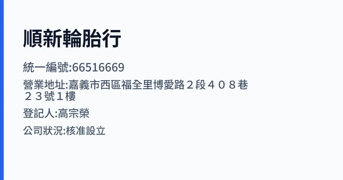 順新輪胎行 - 統編 66516669(嘉義市) 公司登記資料與營業項目詳細圖表