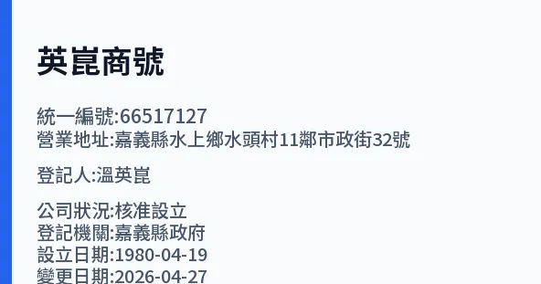英崑商號的照片-統編 66517127(嘉義縣) 公司登記資料與營業項目詳細圖表