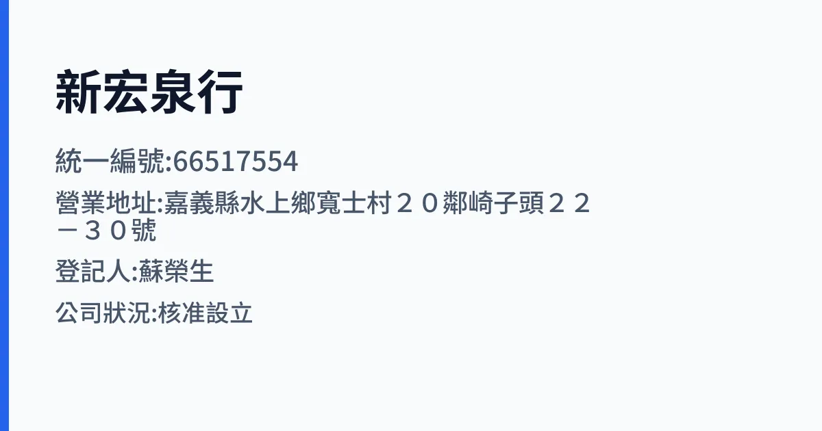 新宏泉行 - 統編 66517554(嘉義縣) 公司登記資料與營業項目詳細圖表