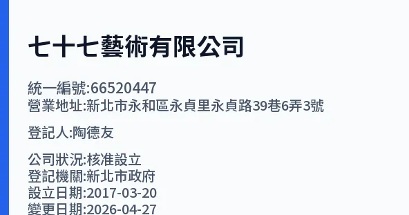 七十七藝術有限公司的照片-統編 66520447(新北市) 公司登記資料與營業項目詳細圖表