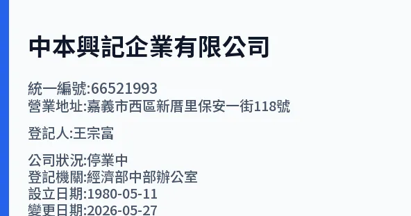 中本興記企業有限公司的照片-統編 66521993(嘉義市) 公司登記資料與營業項目詳細圖表