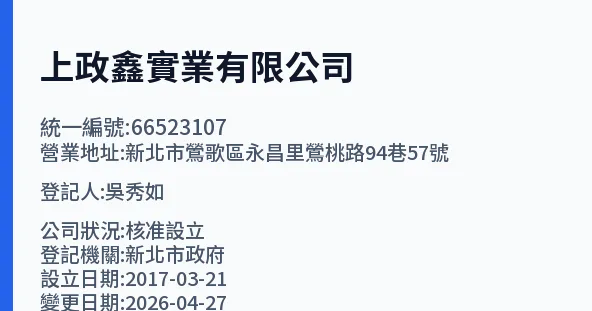 上政鑫實業有限公司的照片-統編 66523107(新北市) 公司登記資料與營業項目詳細圖表