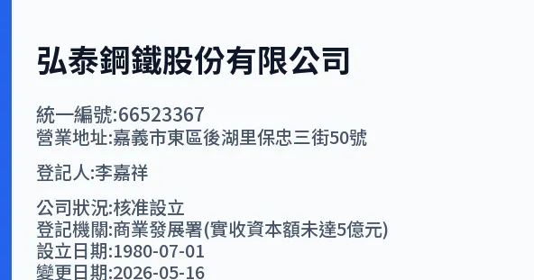 弘泰鋼鐵股份有限公司的照片-統編 66523367(嘉義市) 公司登記資料與營業項目詳細圖表